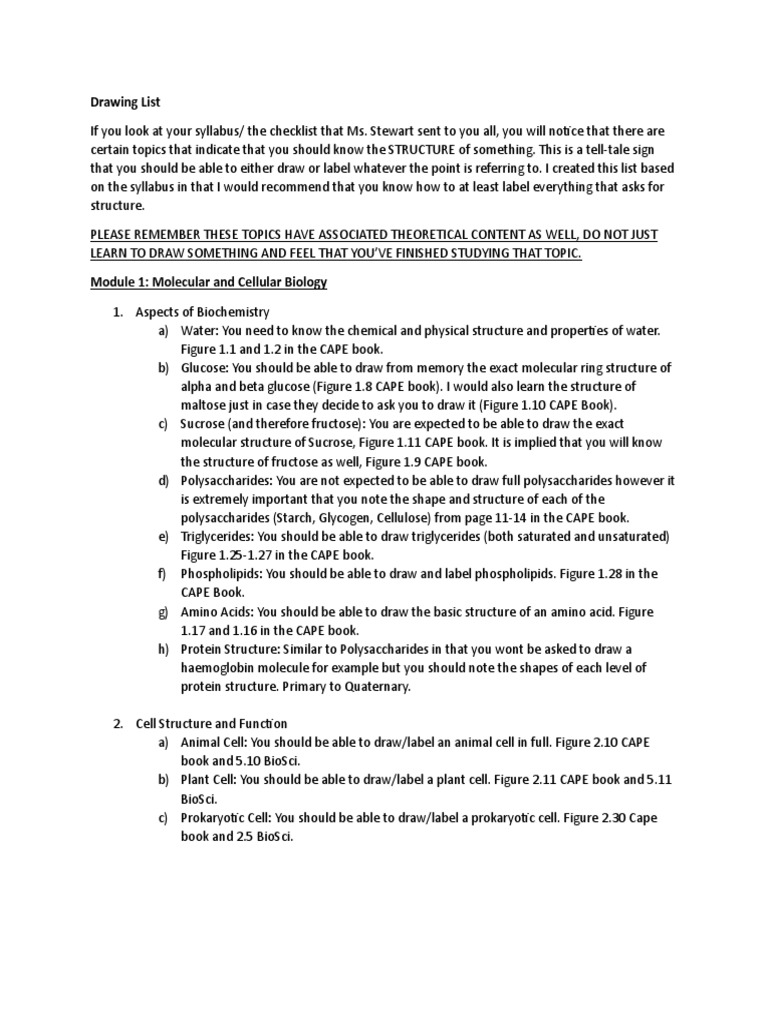 Drawing List For CAPE Unit 1 Biology | PDF