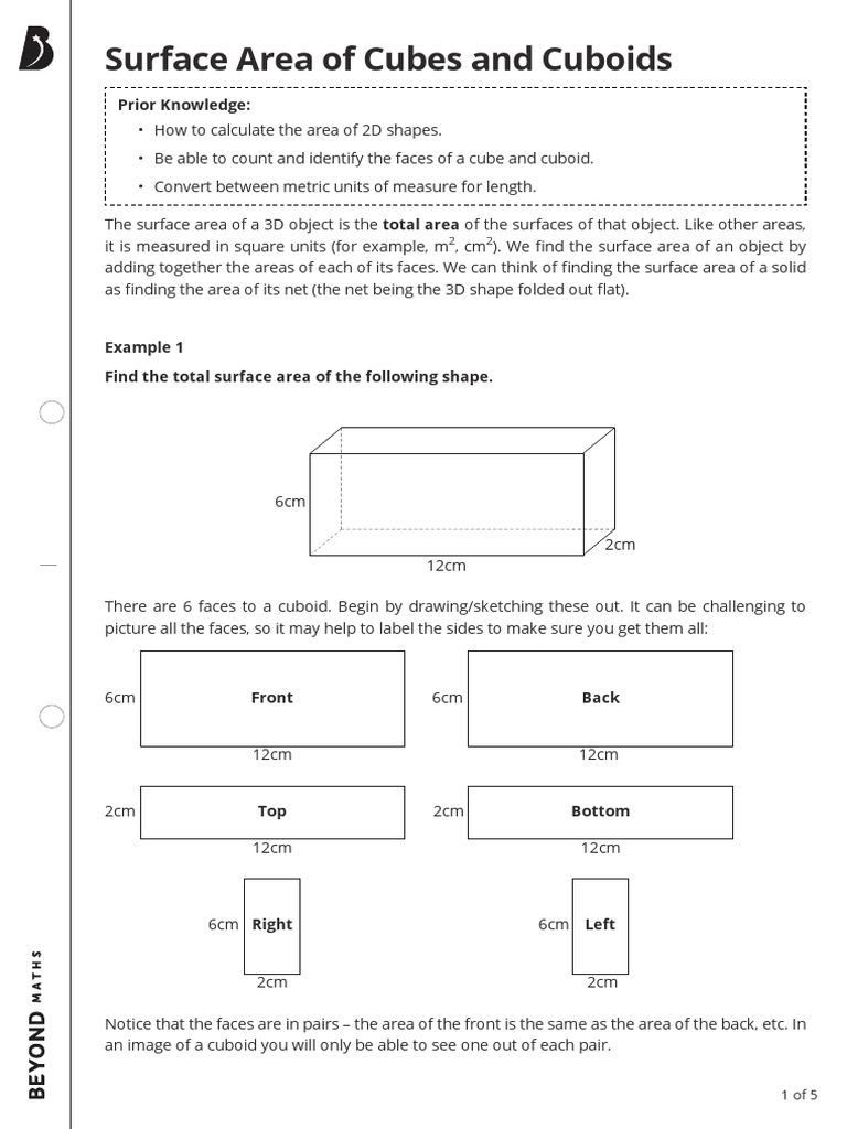 Surface Area of Cubes and Cuboids (Print) | PDF | Area | Elementary ...