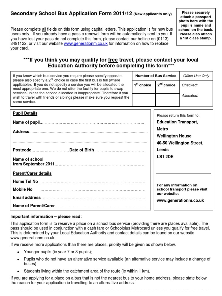 Secondary School Bus Application Form 2011/12: WWW - Generationm.co ...