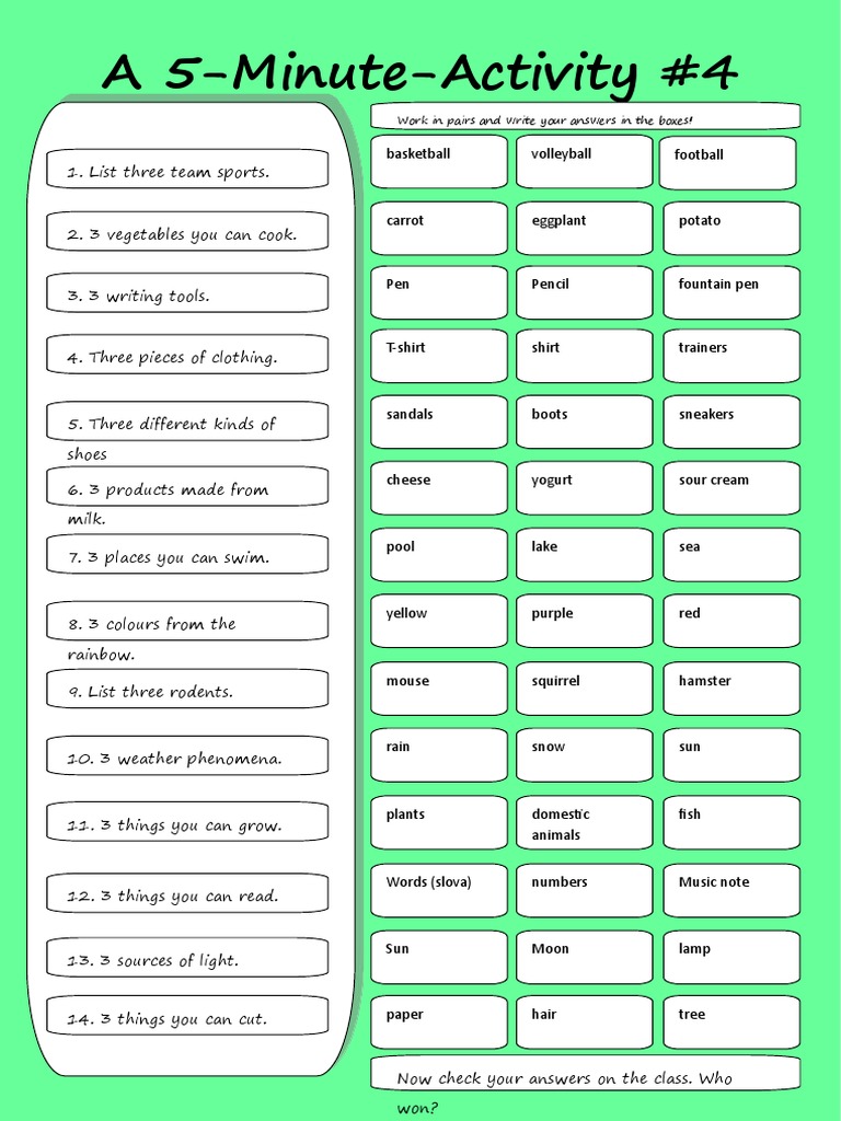 Quick Pair Activity: Categories Game | PDF