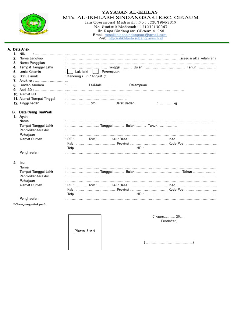 Formulir Pendaftaran MTs Al-Ikhlas | PDF