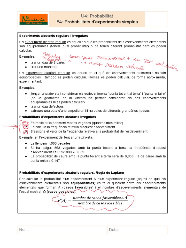 U4 F4 Probabilitats D'experiments Simples | PDF
