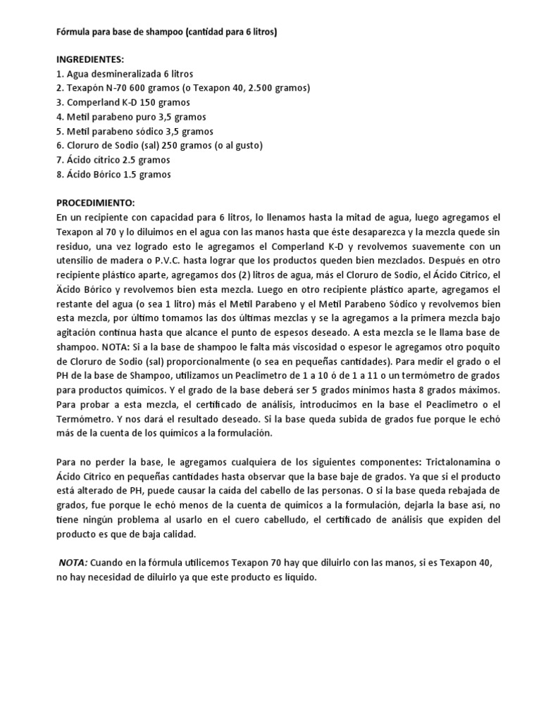 Fórmula Para Base de Shampoo | PDF | Agua | sal