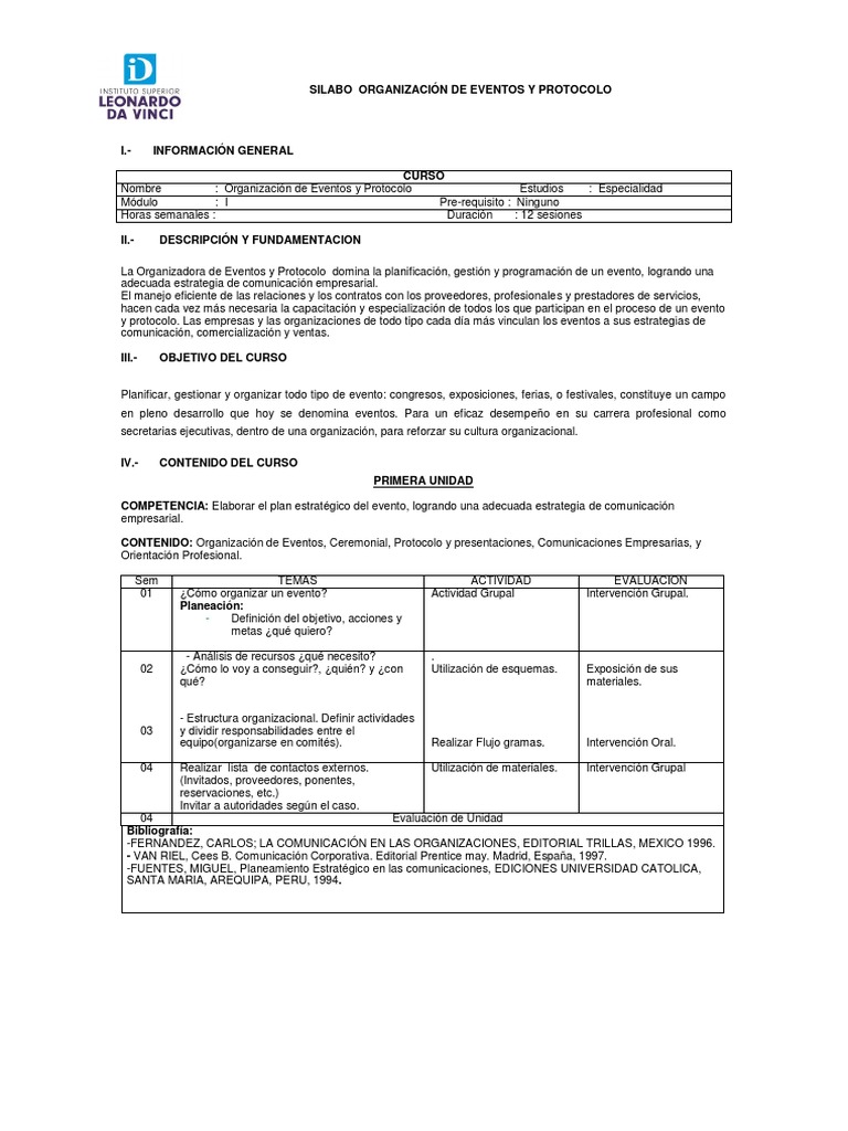 Sílabo de Organizacion de Eventos y Protocolo | PDF | Planificación | Evaluación