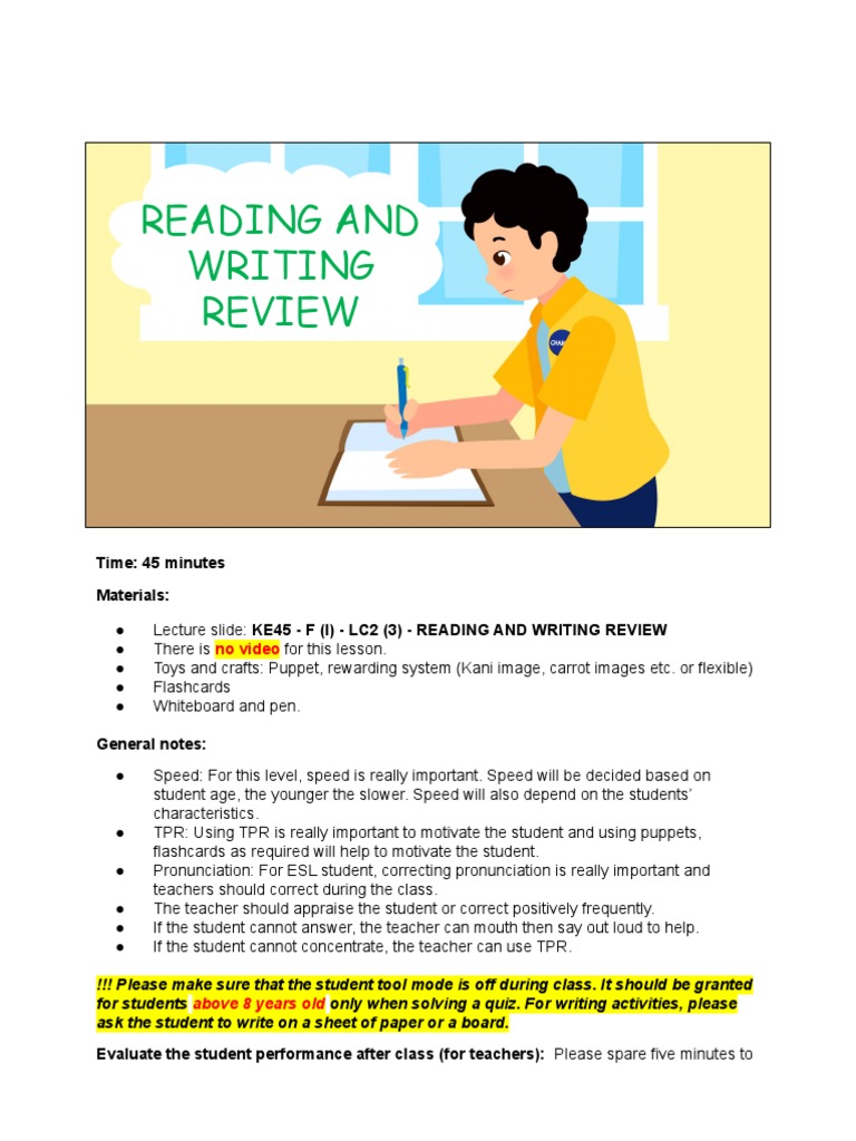 Reading and Writing Review: Time: 45 Minutes Materials | PDF ...