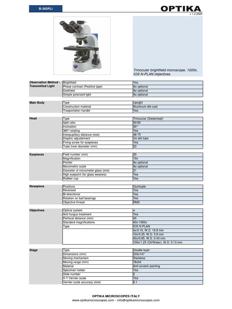 OPTIKA B-383PLi Technical Datasheet EN | PDF | Optics | Electromagnetic Radiation