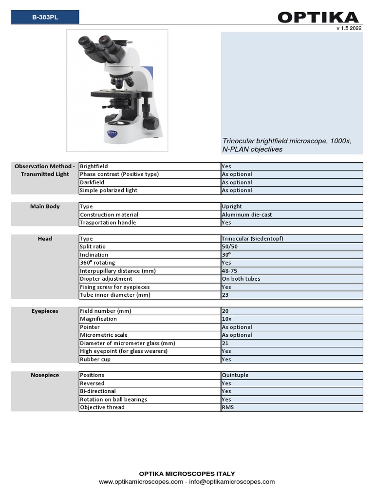 OPTIKA_B-383PL_Technical_Datasheet_EN | PDF | Natural Philosophy | Electromagnetic Radiation