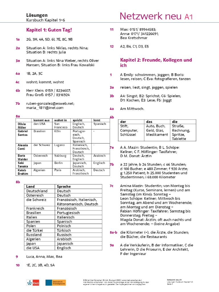 Netzwerk Neu A1. Lösungen Kursbuch Kapitel 1 6. Kapitel 1 - Guten Tag! Kapitel 2 - Freunde ...