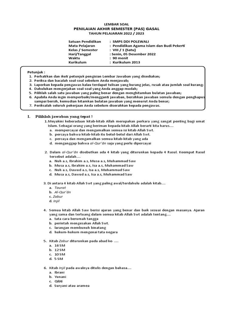 Soal Pas Agama Kelas 8 Tahun 2022 | PDF