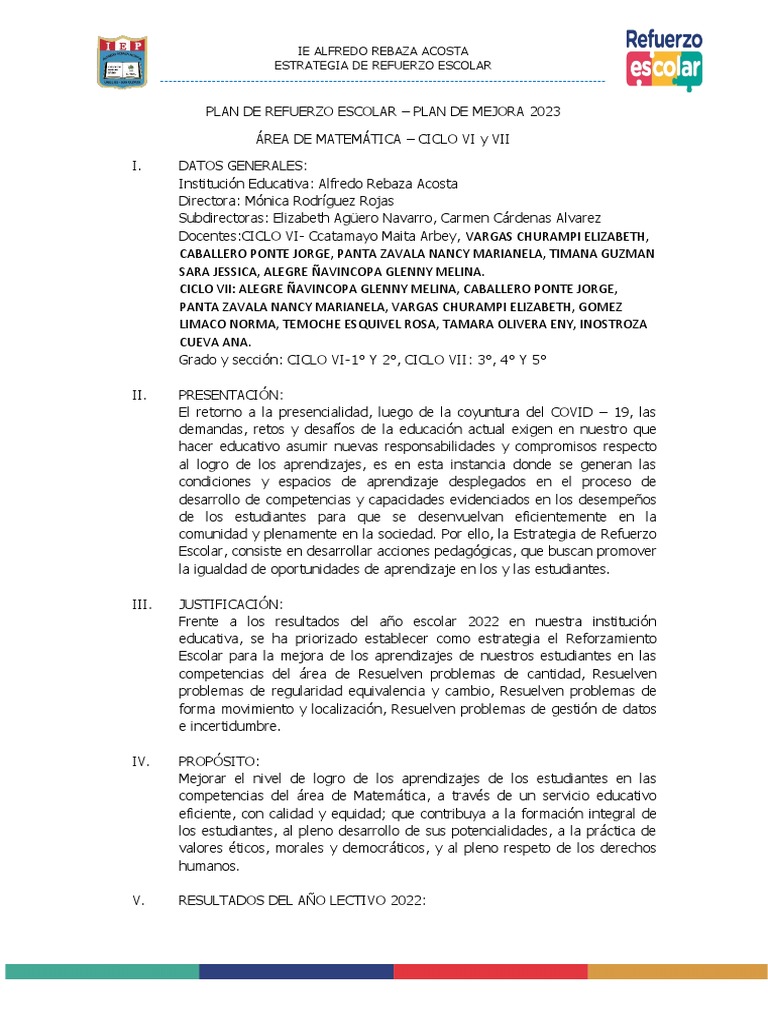 Plan De Refuerzo Escolar O Mejora 2023 Matemática Pdf Evaluación
