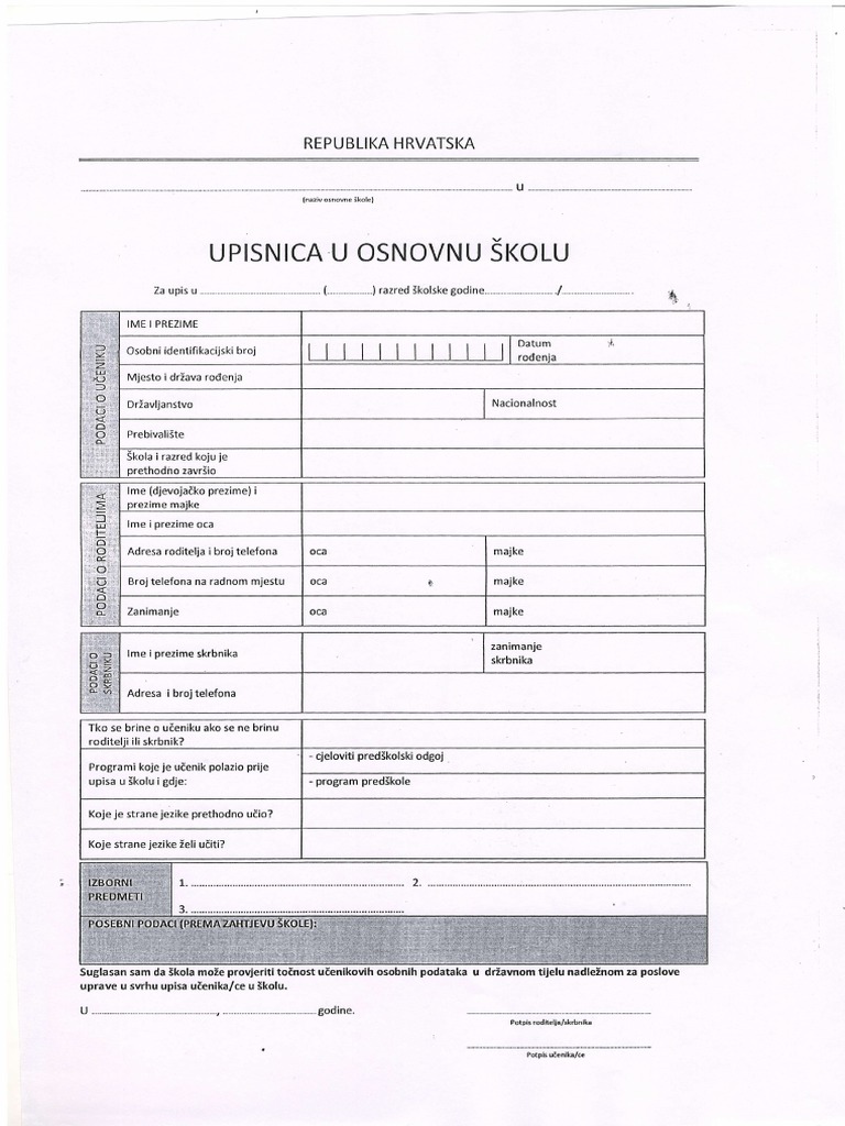 Upisnica U Osnovnu Skolu | PDF