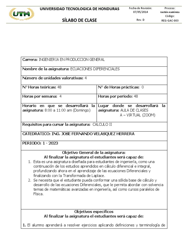Silabo Ecuaciones Dif. 01 2023 N | PDF | Ecuaciones | Ecuaciones diferenciales