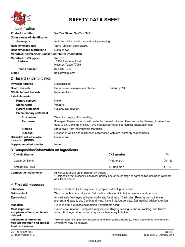 Val-Tex 80 SDS | PDF | Dangerous Goods | Personal Protective Equipment