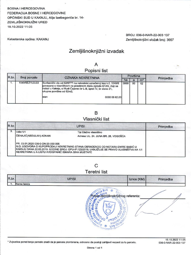 ZK Izvadak Stan Kakanj | PDF