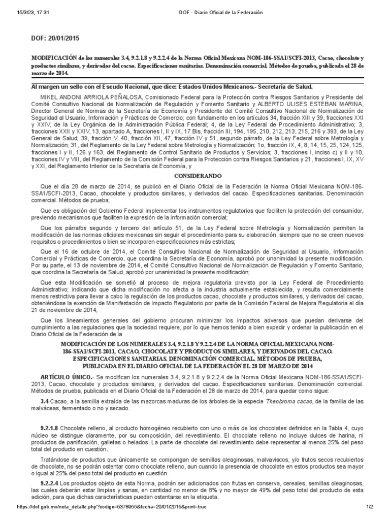 Modificación NOM-186-SSA1/SCFI-2013 | PDF | Chocolate | México