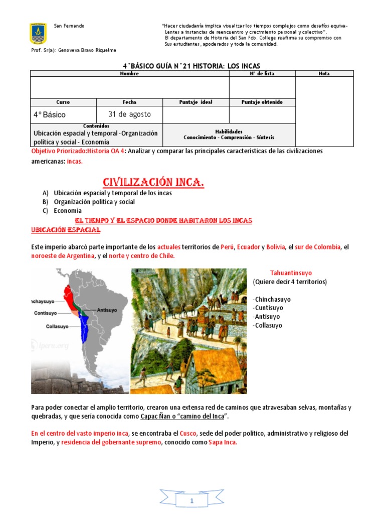 4° BASICOS Guía #21 Los Incas | PDF | Imperio Inca