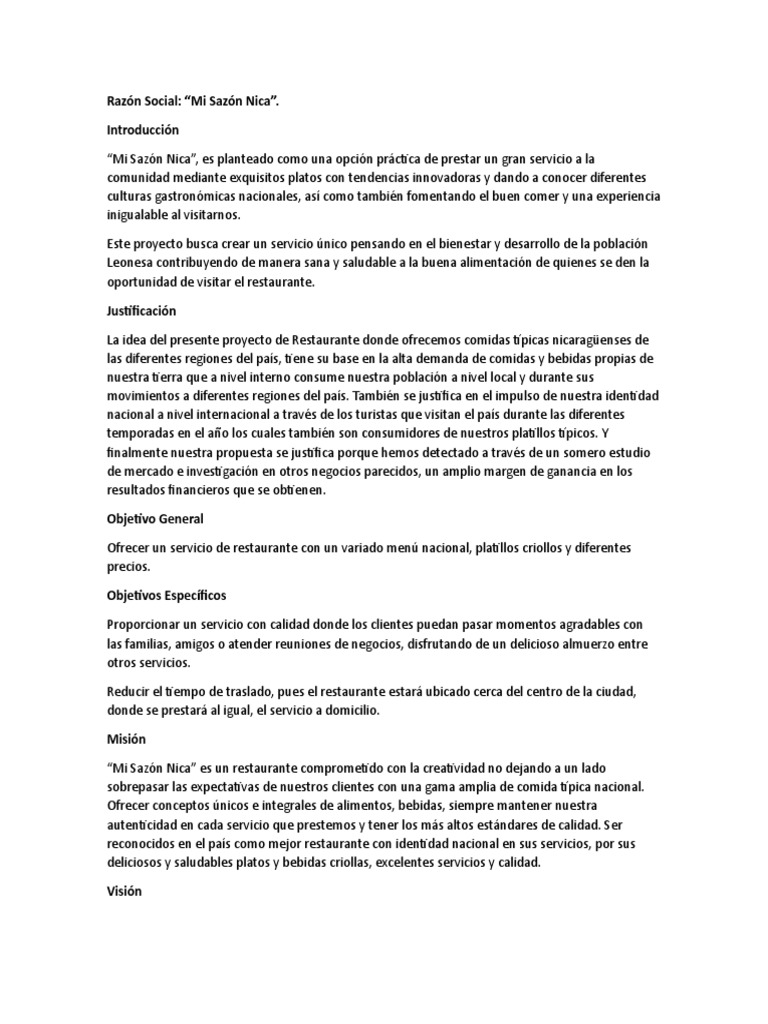 Restaurante Mi Sazón Nica: Comida Típica Nicaragüense | PDF | Calidad ...