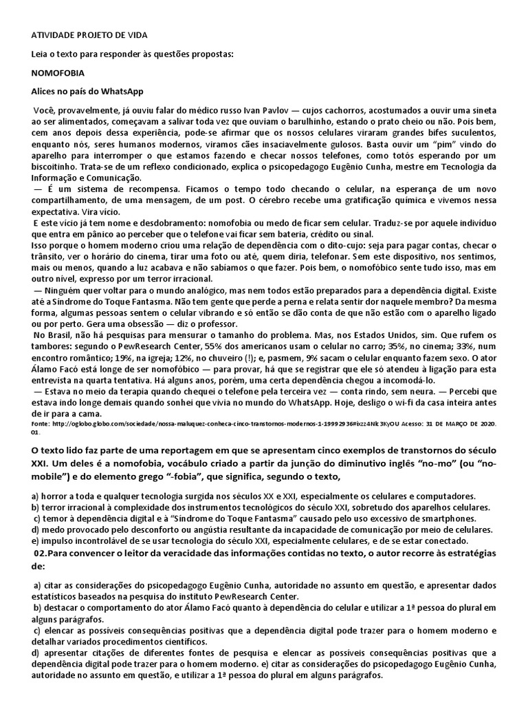 Atividade Projeto de Vida | PDF