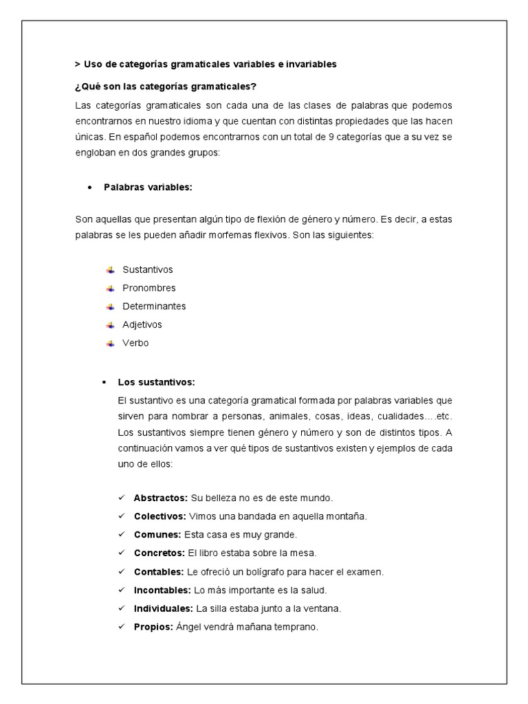 Uso de Categorías Gramaticales Variables e Invariables | PDF | Oración ...