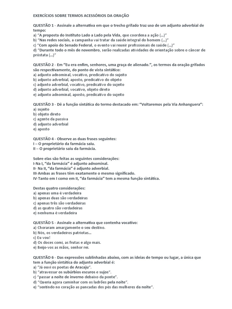 Exercícios Sobre Termos Acessórios Da Oração | PDF Exercícios Sobre Termos Acessórios Da Oração | PDF