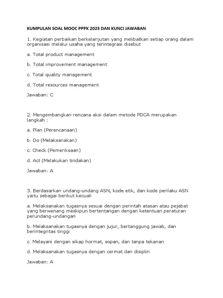 Kumpulan Soal Mooc Pppk 2023 Dan Kunci Jawaban Pdf