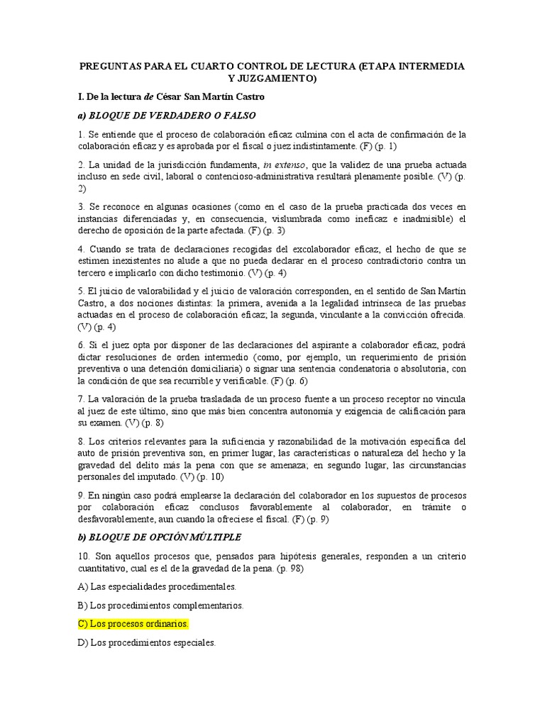 PREGUNTAS PARA CUARTO CONTROL DE LECTURA (ETAPA INTERMEDIA) I | PDF