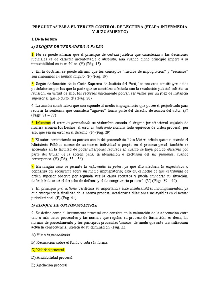 PREGUNTAS PARA TERCER CONTROL DE LECTURA (ETAPA INTERMEDIA) I | PDF | Ley procesal | Sentencia (ley)