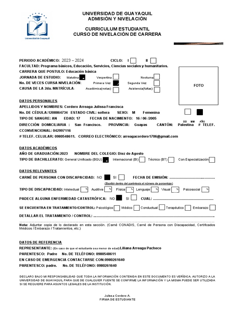 Universidad de Guayaquil Admisión Y Nivelación Curriculum Estudiantil ...