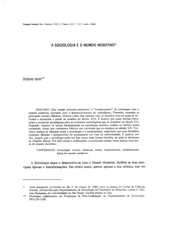 IANNI, Octavio. A Sociologia e o Mundo Moderno. Tempo Social, v. 1, N ...