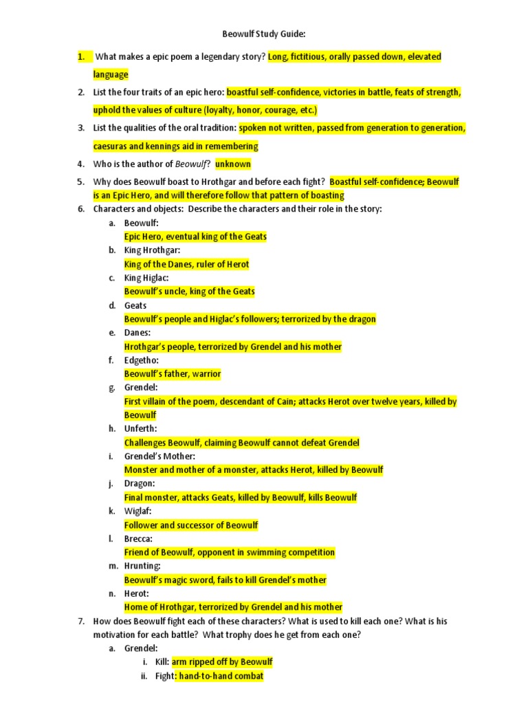 Beowulf Study Guide | PDF | Beowulf | English Folklore