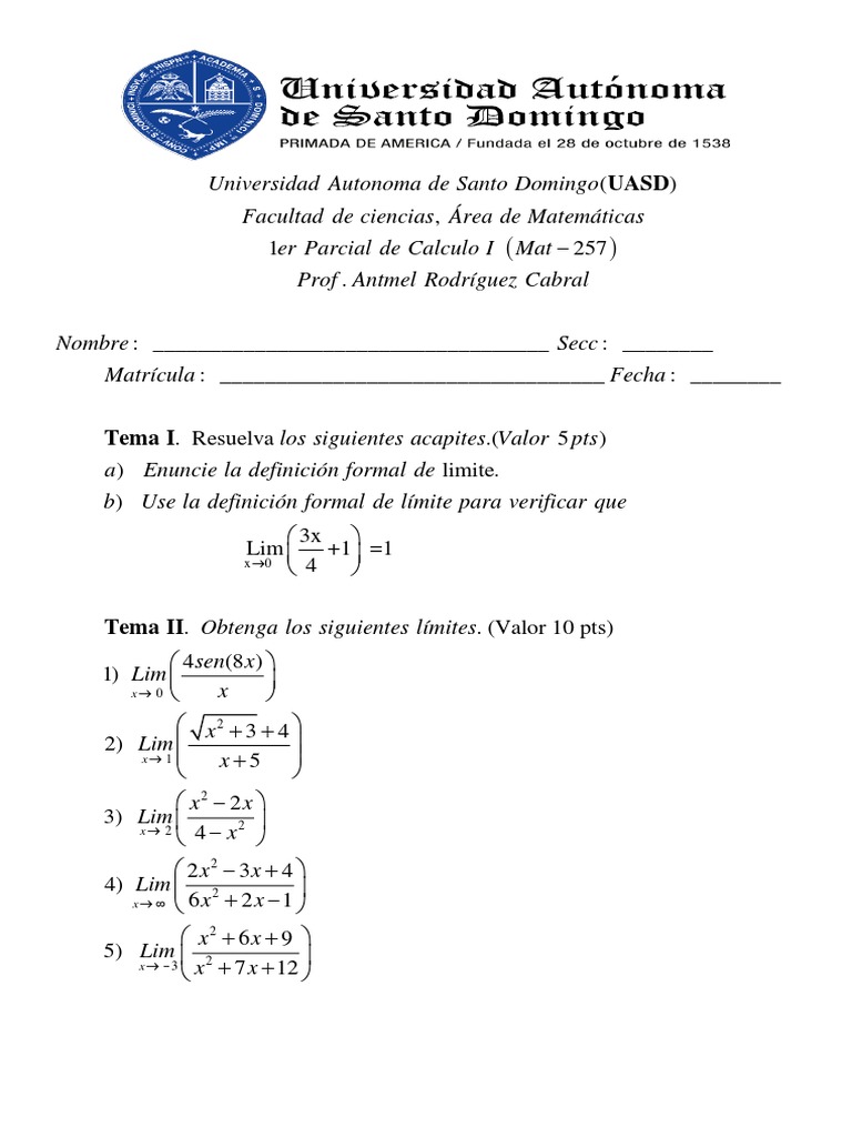 1er Parcial. Calculo I (Mat-257) 2020 (2) - UASD | PDF