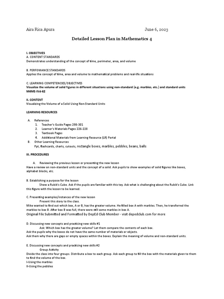 Lesson Plan - Visualize The Volume Using Standard and Non Standard Units | PDF