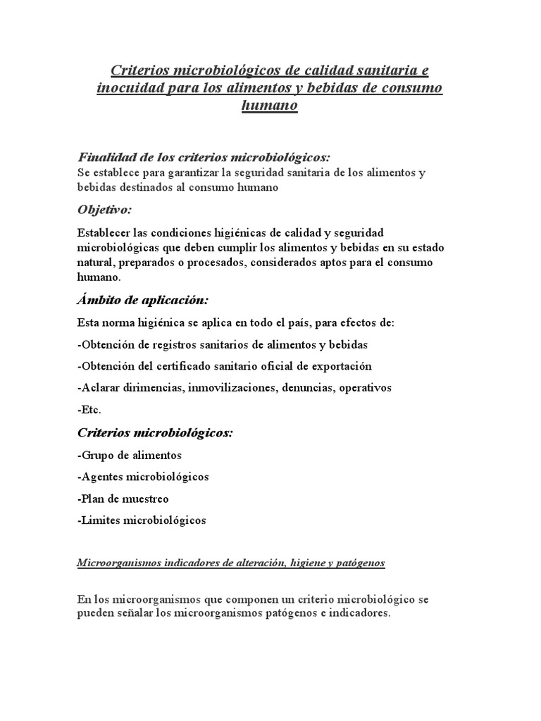 Criterios Microbiológicos de Calidad Sanitaria e Inocuidad para Los ...