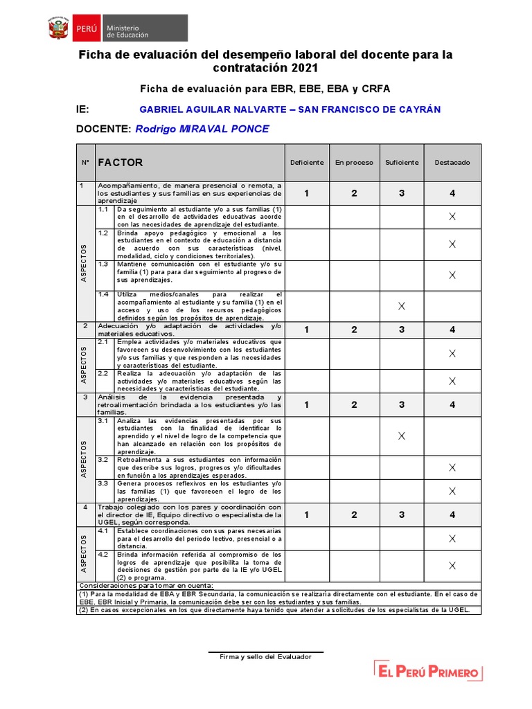 Ficha de Evaluacion Del Desempeño Docente para La Contratacion 2021 | PDF