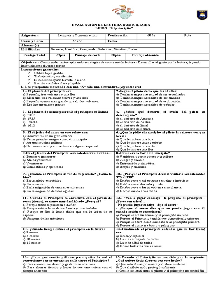 Prueba de Lectura El Principito | Descargar gratis PDF | El Principito