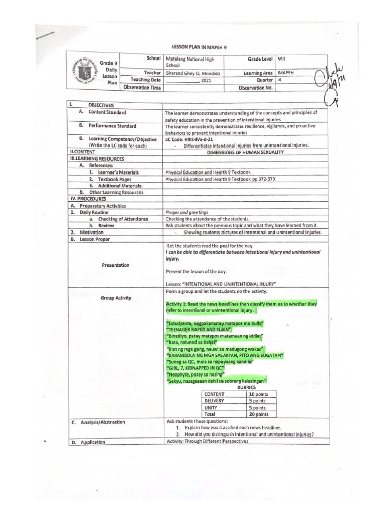 Lesson Plan in Mapeh 9 | PDF