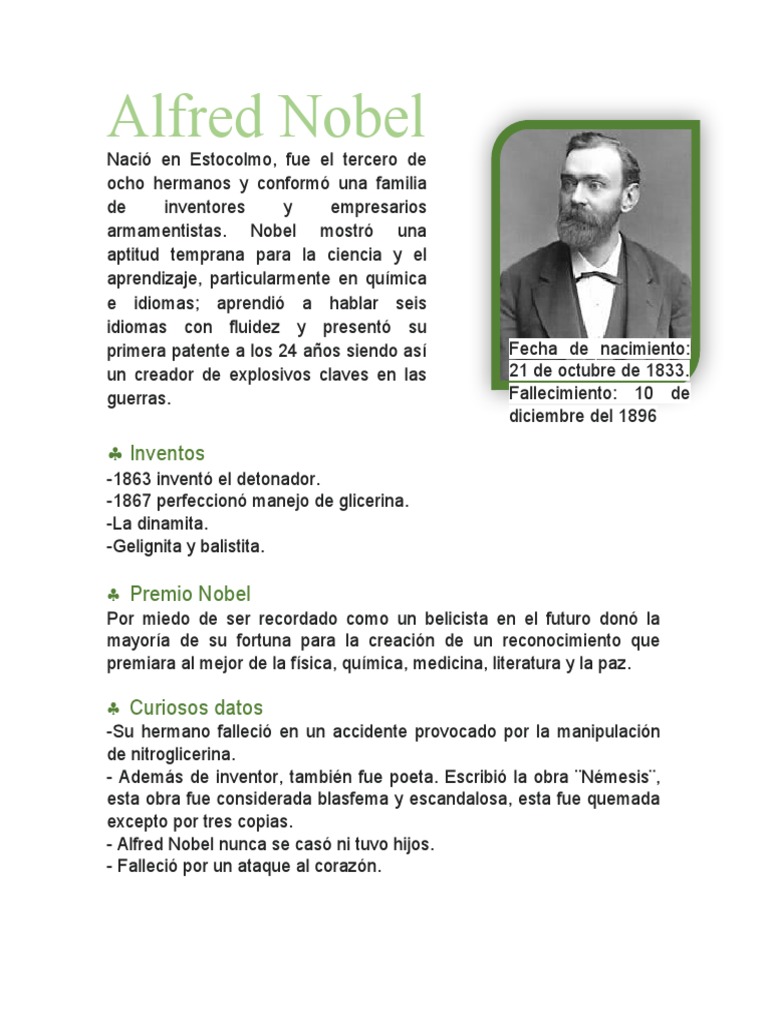 Biografía de Alfred Nobel y sus inventos | PDF | Clásicos