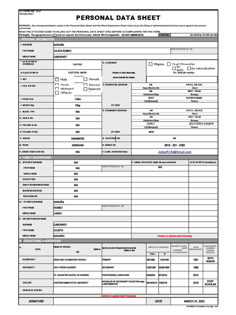 Personal Data Sheet | Download Free PDF | Nursing | Government