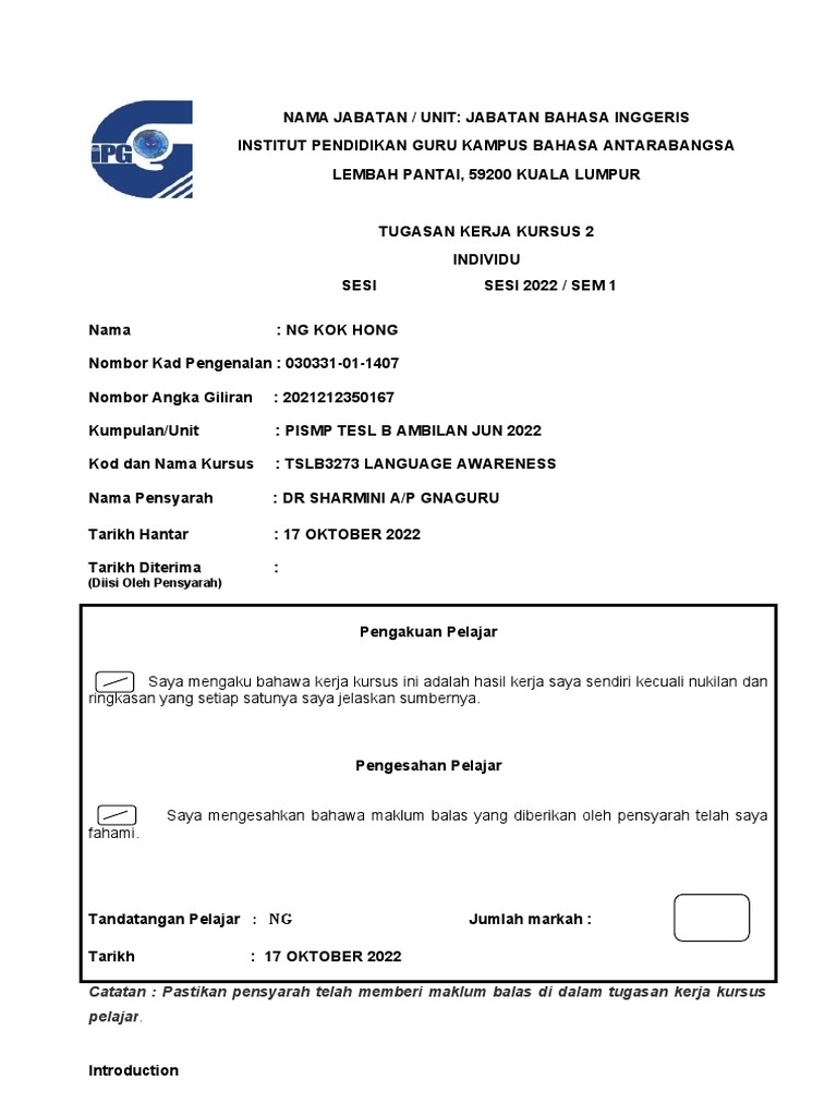 NG Kok Hong - Task Two | PDF | English Language | Linguistics