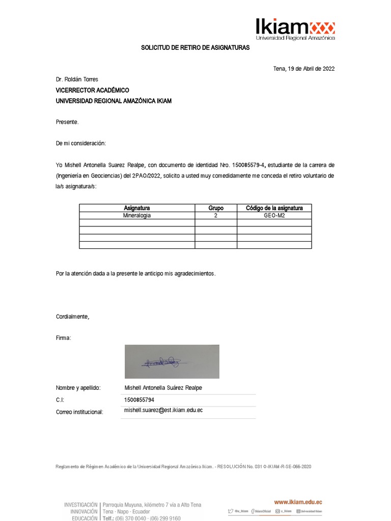 Solicitud Retiro Mishell | PDF