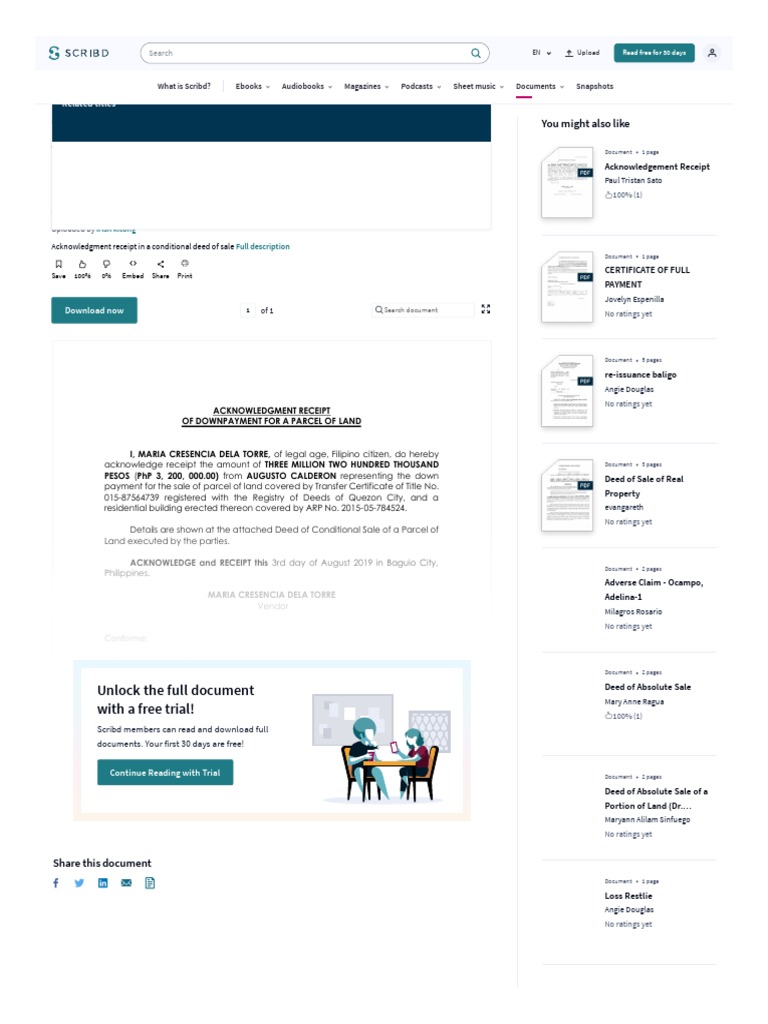 Ack - Receipt of Downpayment of A Parcel of Land: You Might Also Like | PDF | Scribd | Document