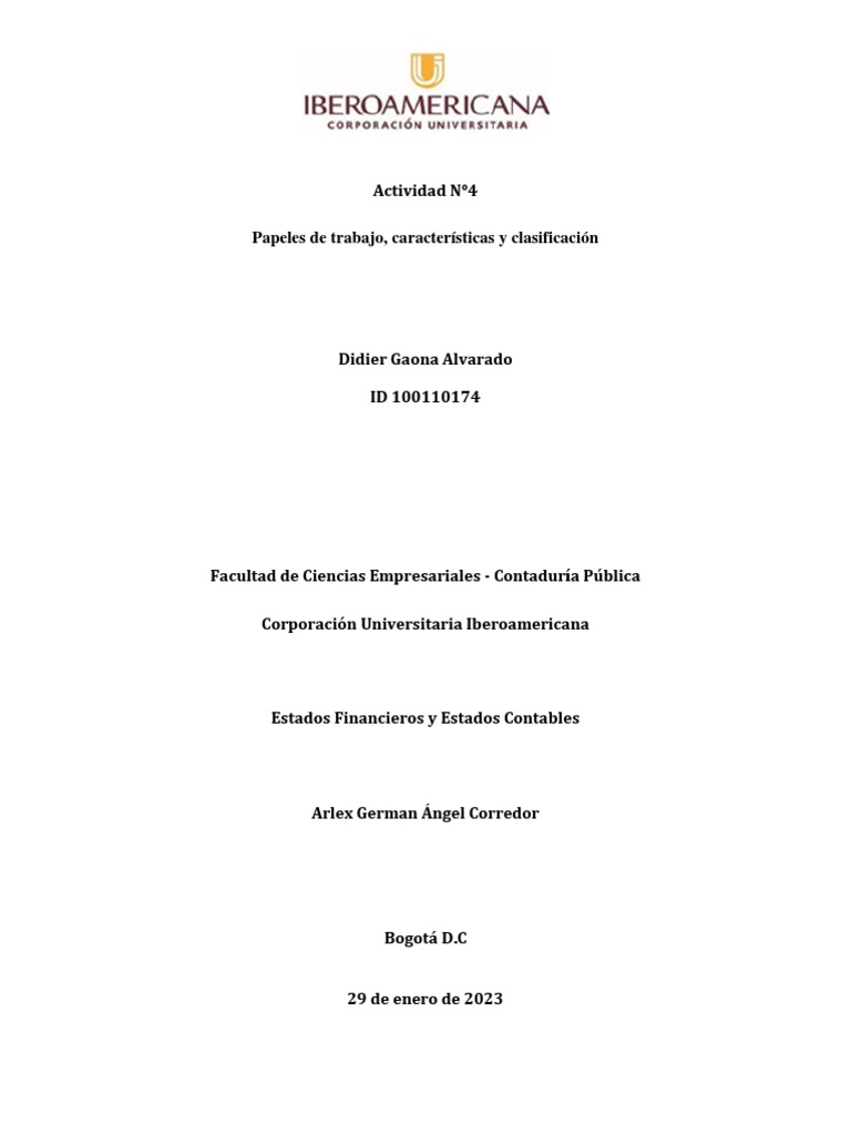 Actividad 4 - Papeles de Trabajo, Caracteristicas y Clasificacion | PDF Actividad 4 - Papeles de Trabajo, Caracteristicas y Clasificacion | PDF