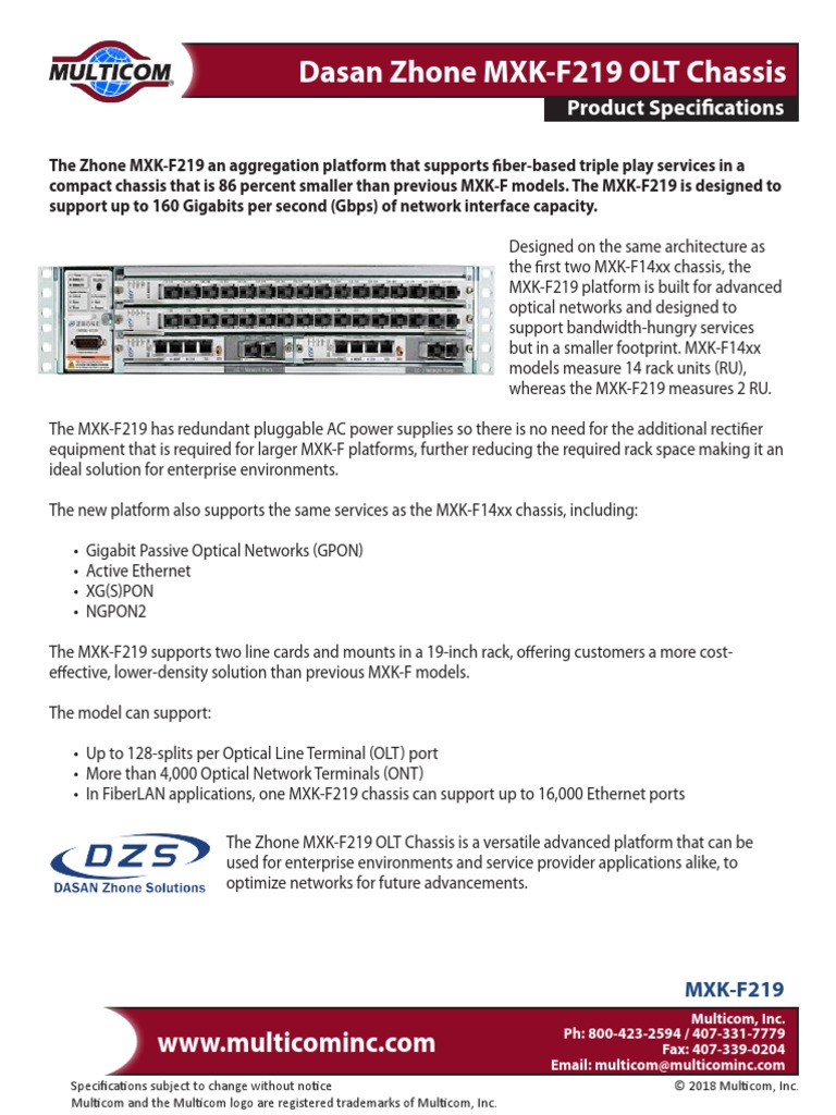 Dasan Zhone MXK F219 Spec Sheet | PDF | Physical Layer Protocols | Computer Networking