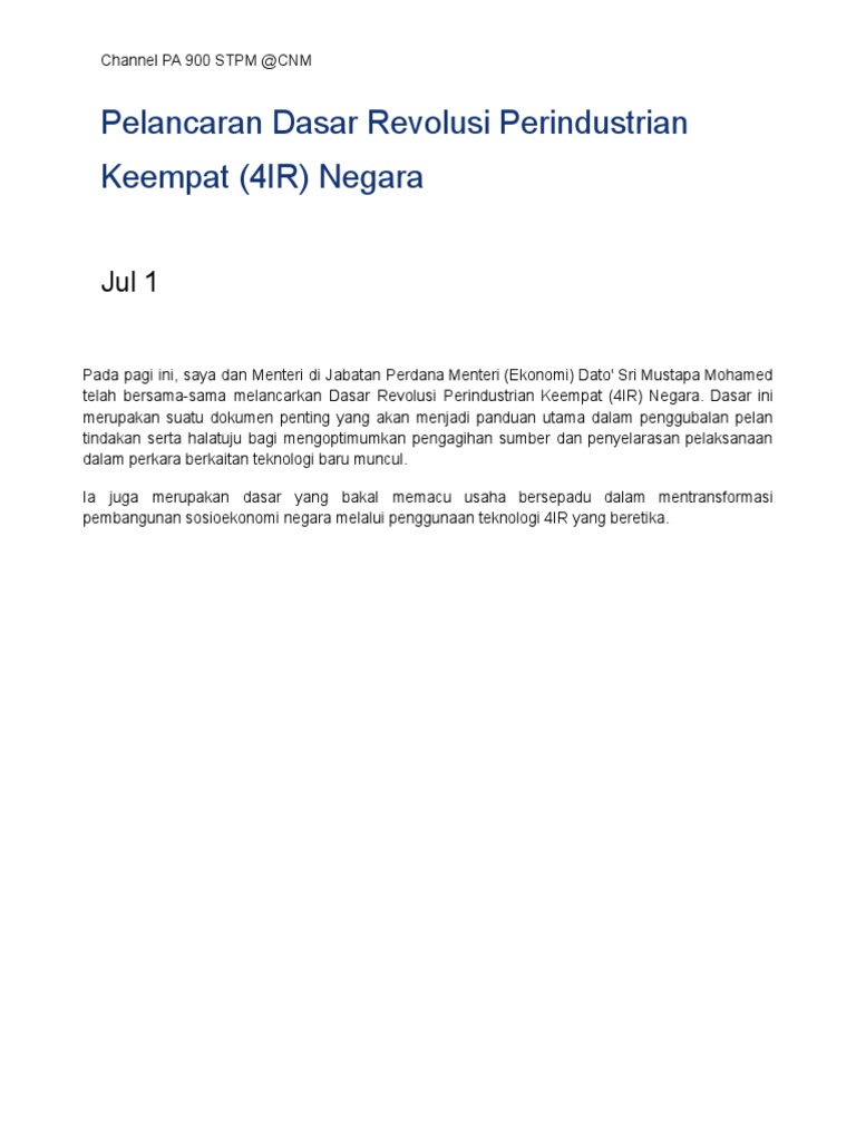 PA Sem 2 Dasar Revolusi Perindustrian Keempat (4IR) Negara | PDF