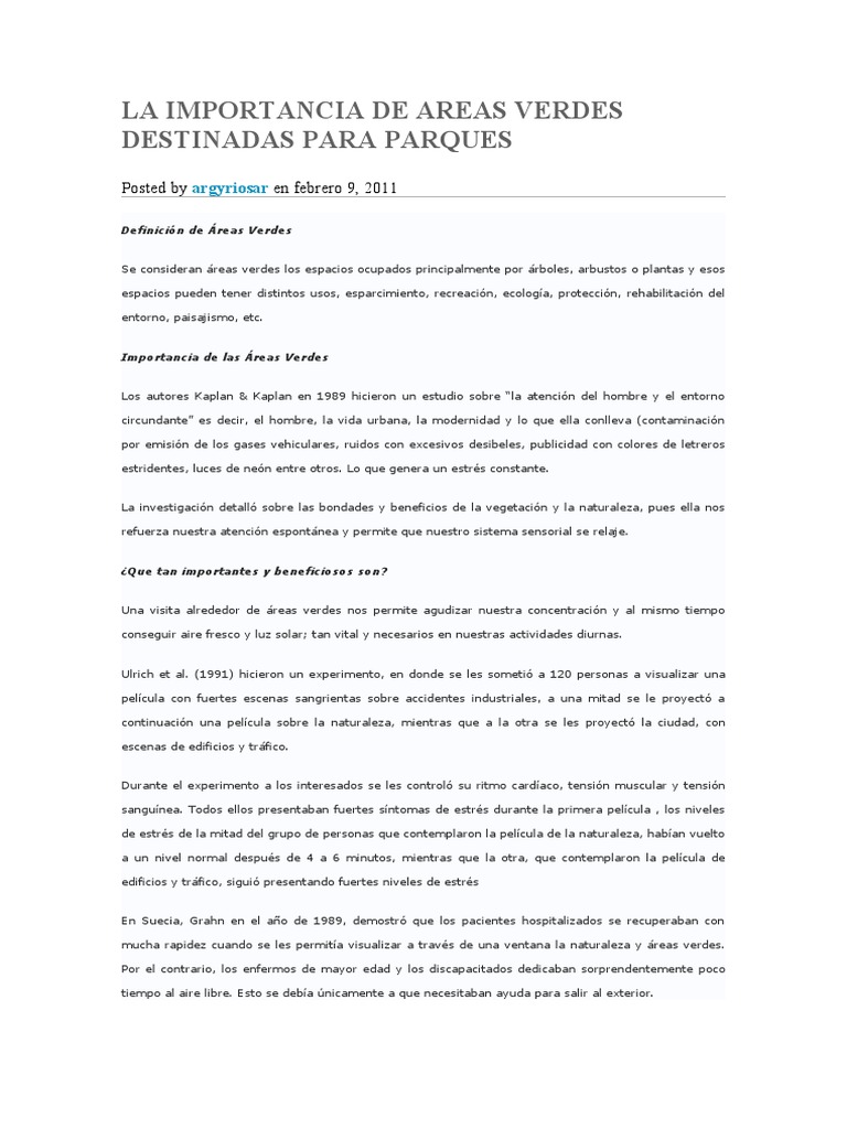 La Importancia de Areas Verdes Destinadas para | PDF