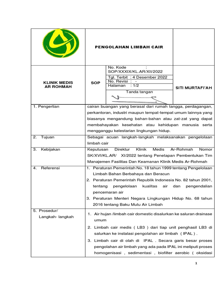 SOP PENGELOLAAN Limbah Cair | PDF