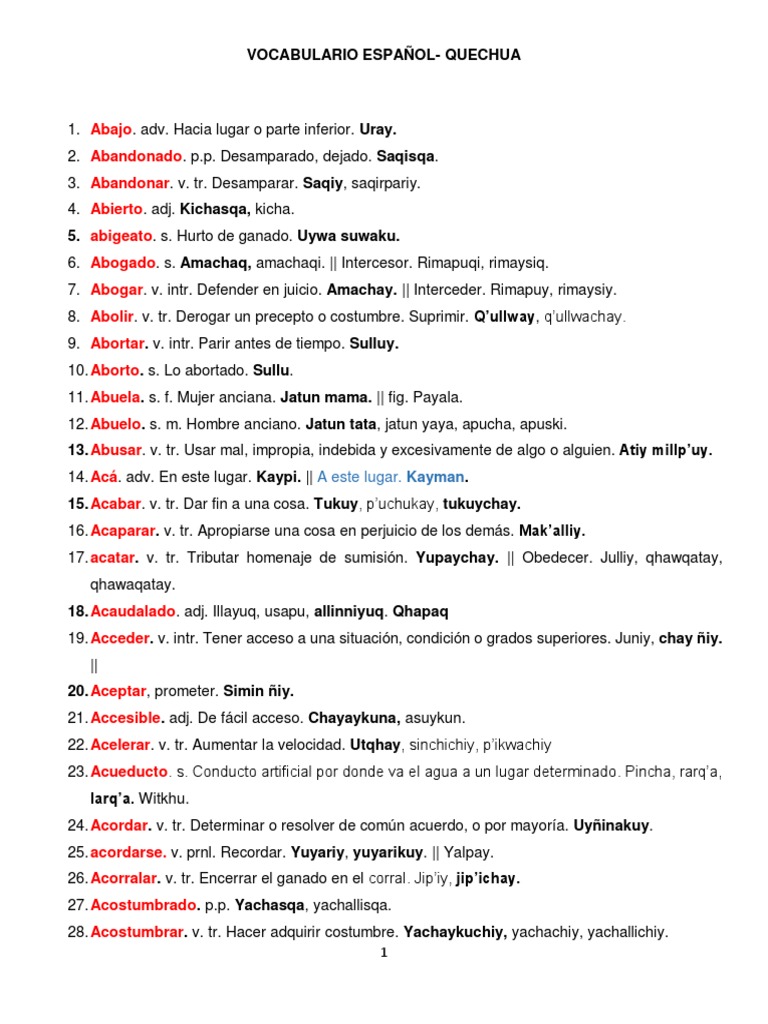 Vocabulario en Quechua | PDF | Lingüística