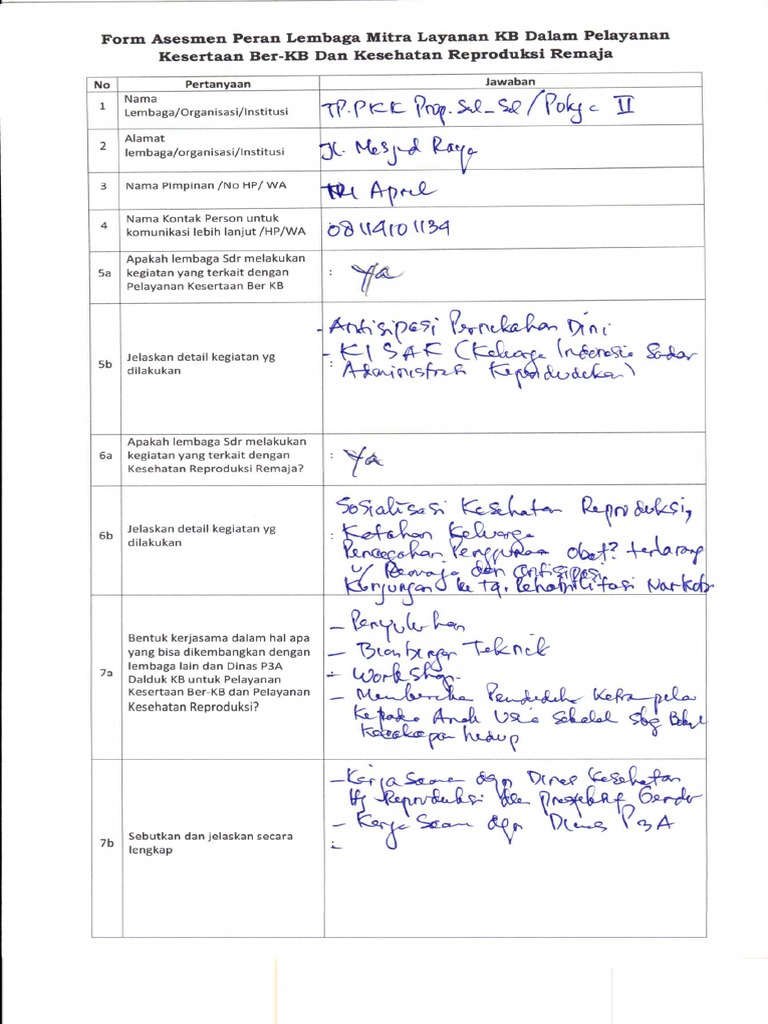 Form Asesmen Mitra Layanan KB Pada Workshop TP PKK Pokja 2 | PDF