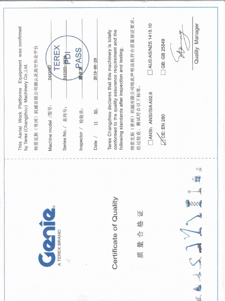 COC and Delivery Doc Manlift Z4525D-2939!61!10034 | PDF