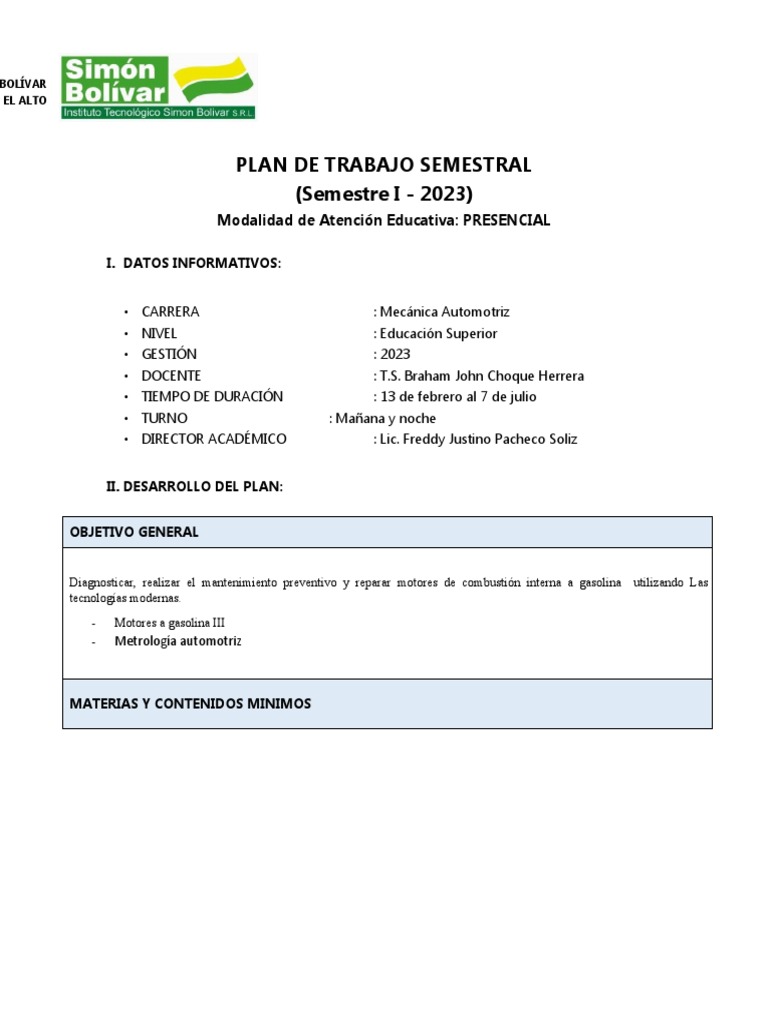 Ejemplo de Plan de Trabajo Semestral I-20666666 | PDF